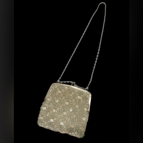 Bags | Vintage Evening Purse Clear Gray Pewter Beaded With Silver Kiss ...